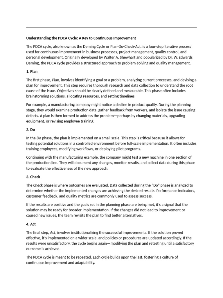 Understanding The PDCA Cycle A. Understanding The PDCA Cycle A | PDF | Business Process | Evaluation
