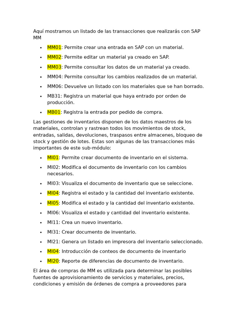 Transacciones Sap | PDF | Obtención