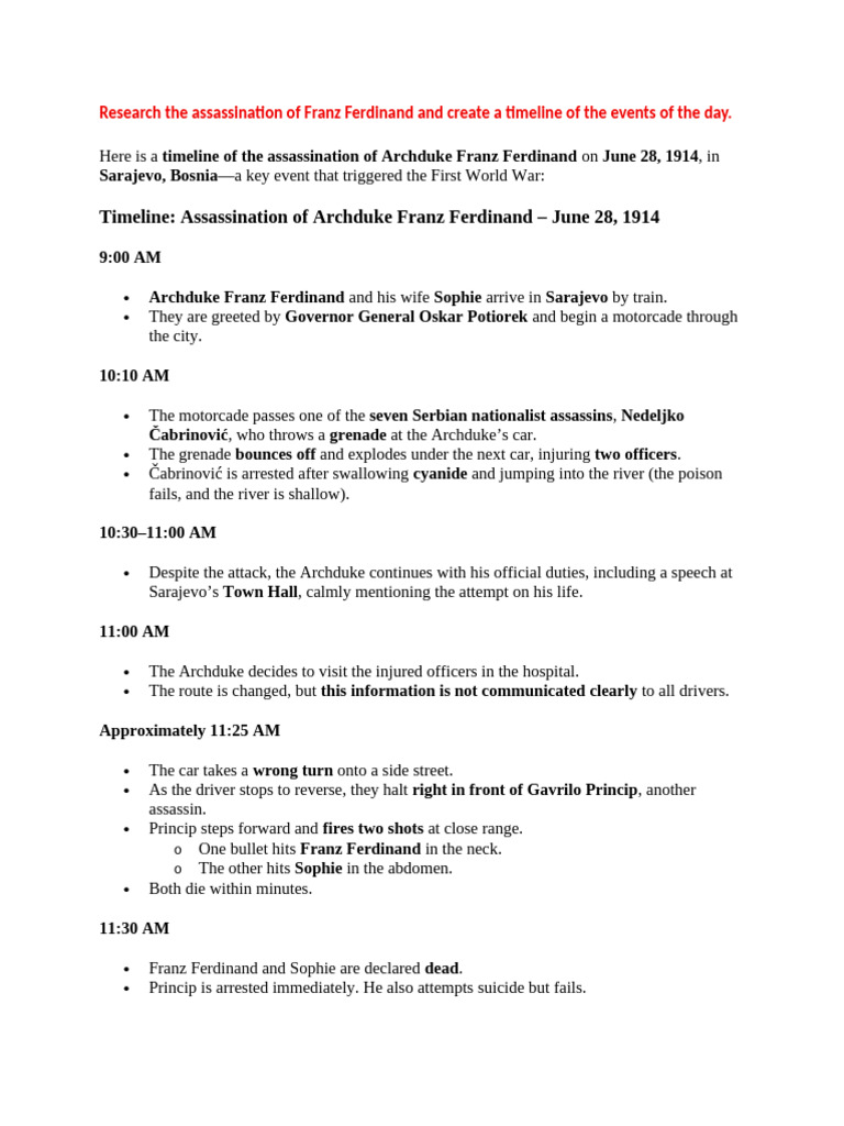 Research The Assassination of Franz Ferdinand and Create A Timeline of ...