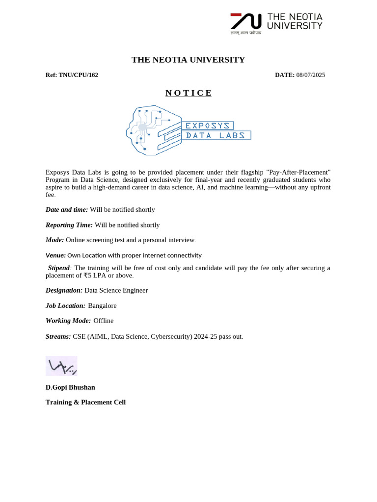 Exposys Data Labs Placement Notice | PDF