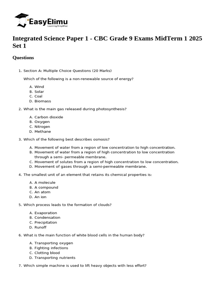 Integrated Science Paper 1 - CBC Grade 9 Exams MidTerm 1 2025 Set 1-3258 | PDF | Chemical ...