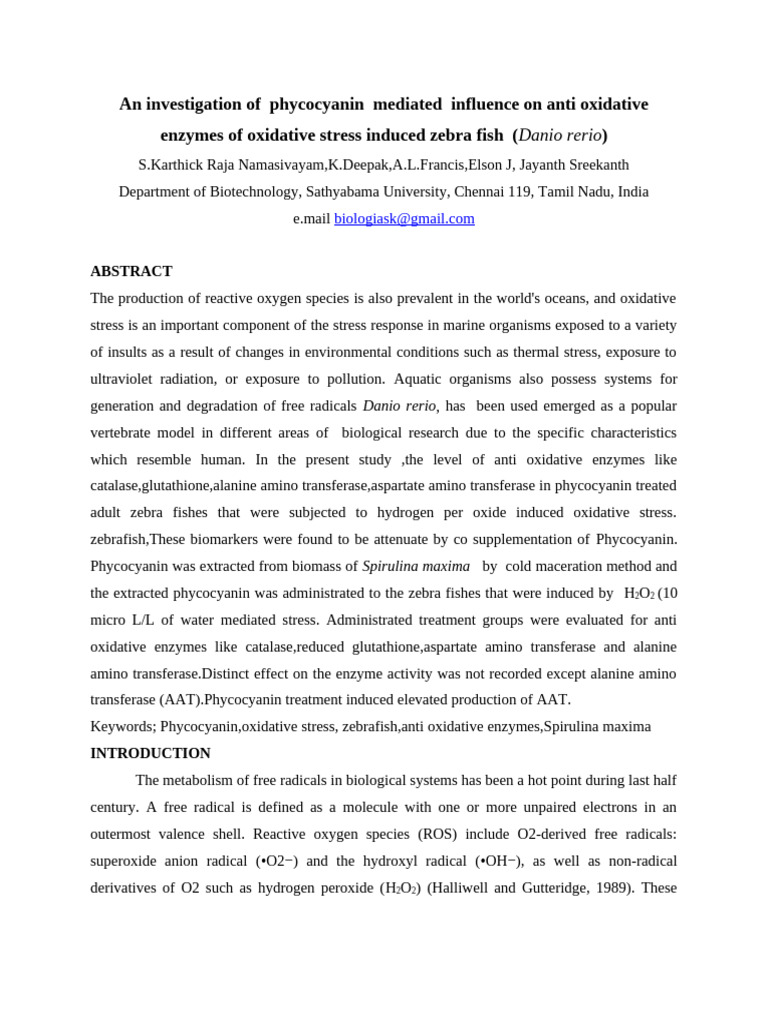 Zoocon 18 Full Paper - Sbu | PDF | Reactive Oxygen Species | Antioxidant