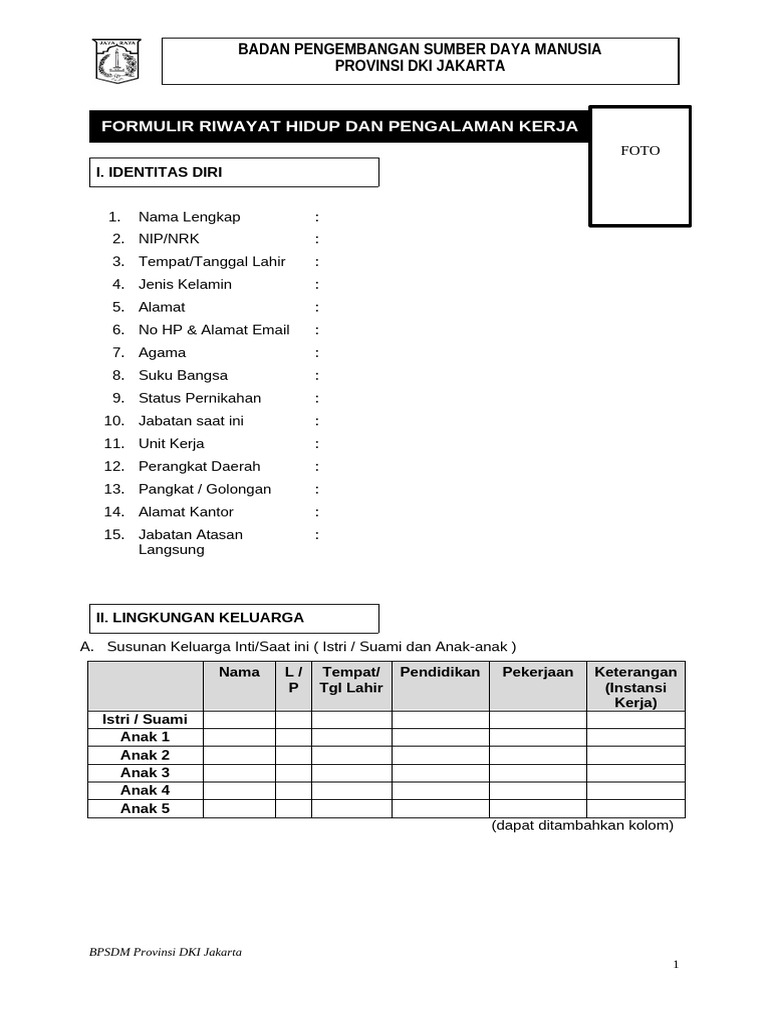 Formulir Riwayat Hidup BPSDM DKI Jakarta | PDF