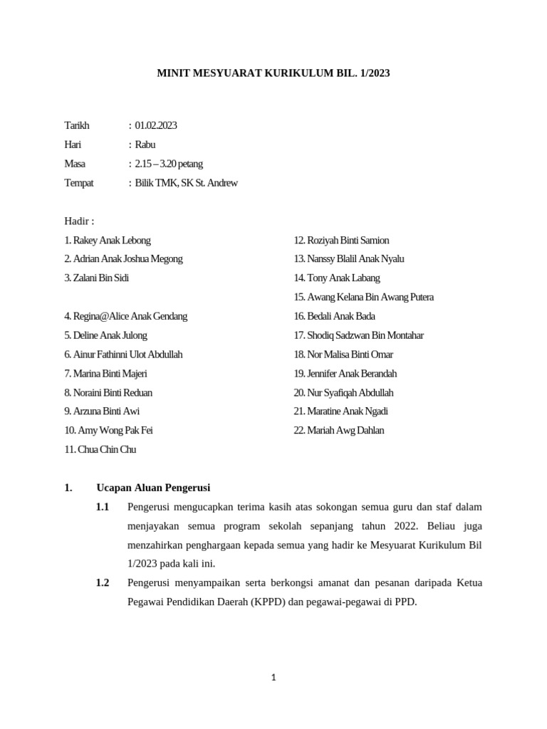 Minit Mesyuarat Kurikulum Bil 1 2023 | PDF