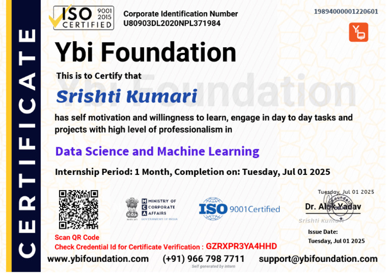 Srishti Kumari: Data Science and Machine Learning | PDF