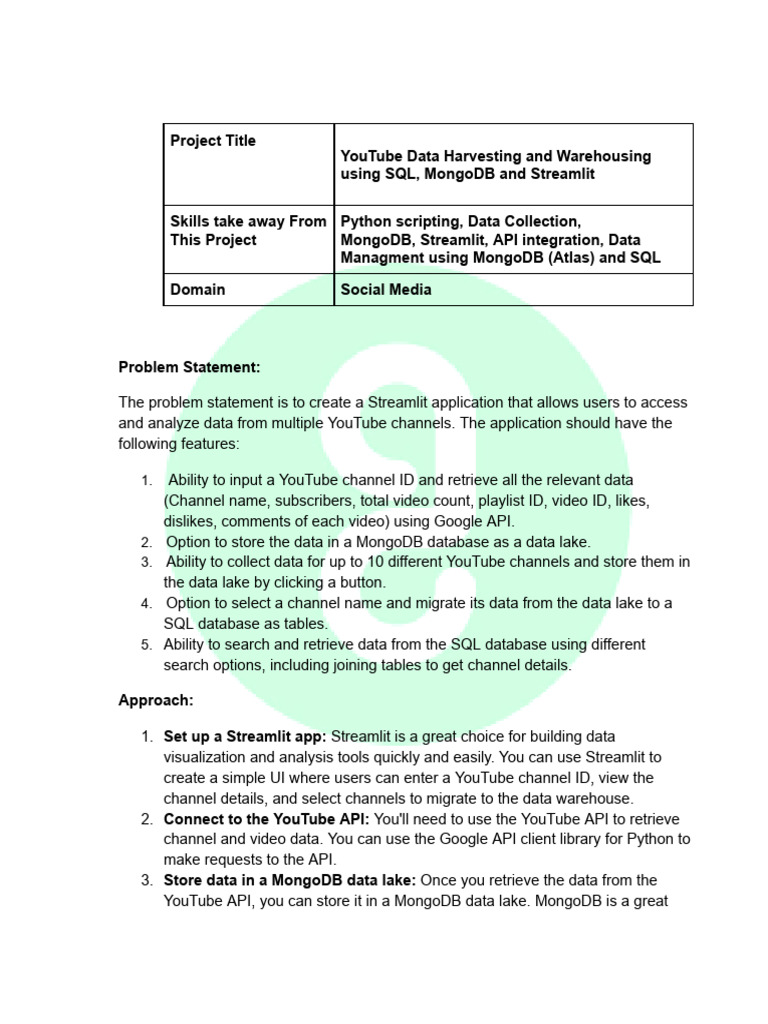 Youtube Data Harvesting And Warehousing Using Sql Mongodb And Streamlit Pdf Databases Sql
