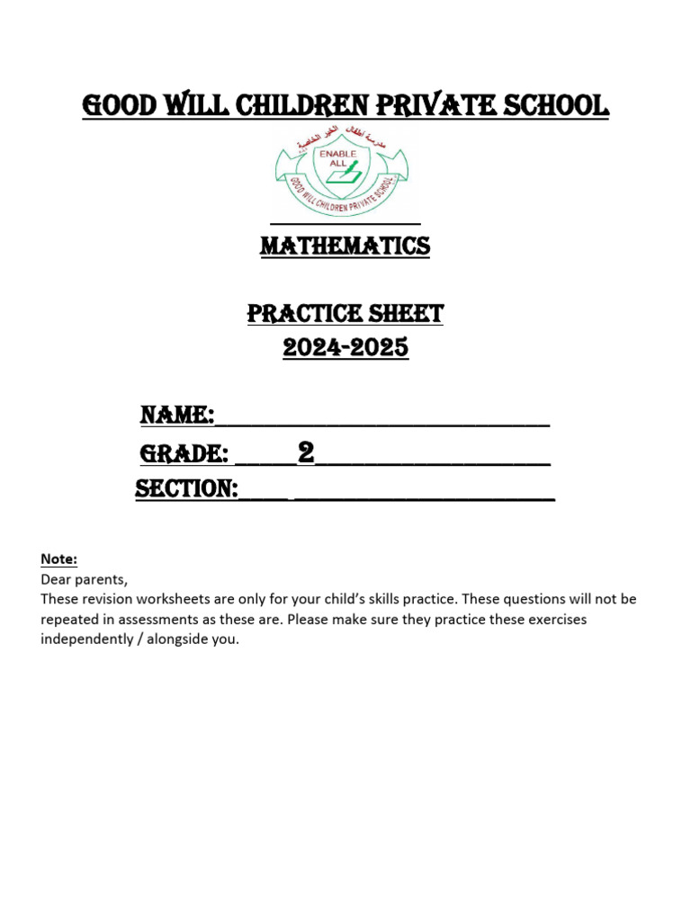 Grade 2 MATH Practice Sheet Term 3 | PDF