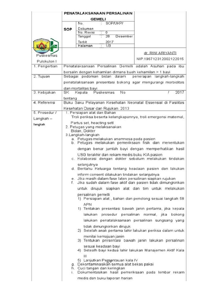 Sop Persalinan Gemeli | PDF