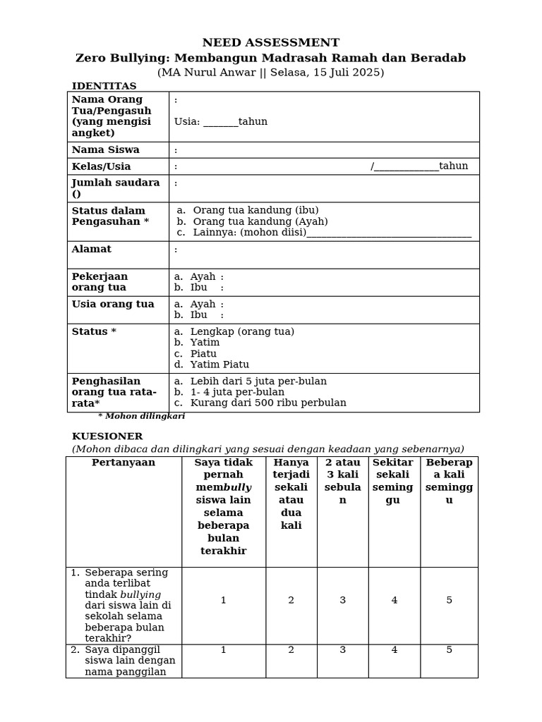 Angket Analisis Korban Bullying 2024 | PDF
