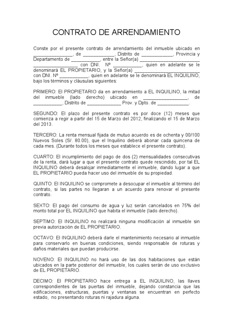 Formato Contrato de Alquiler | PDF | Propiedad | Alquiler
