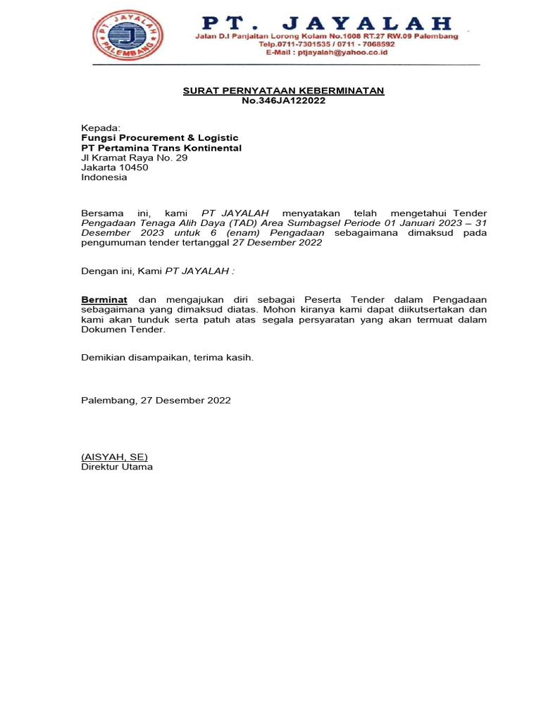 Formulir Keberminatan Tender Terbuka (New PTK) | PDF