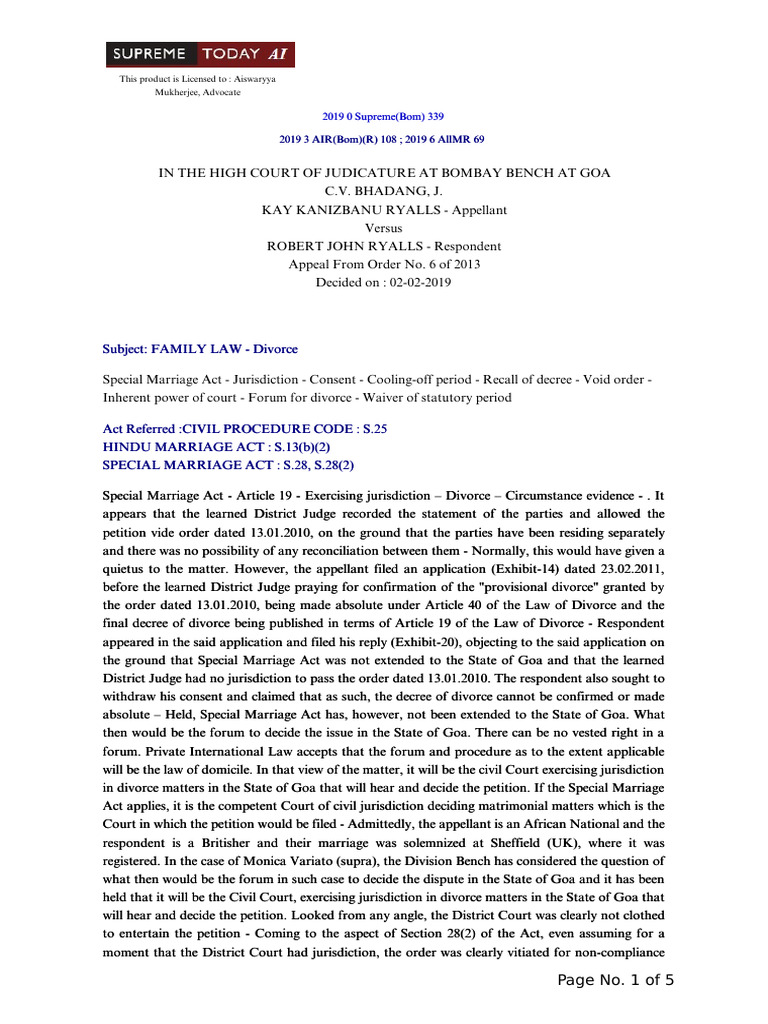 Kay Kanizbanu Ryalls Vs Robert John Ryalls 2019 0 Supreme Bom 339 | PDF ...