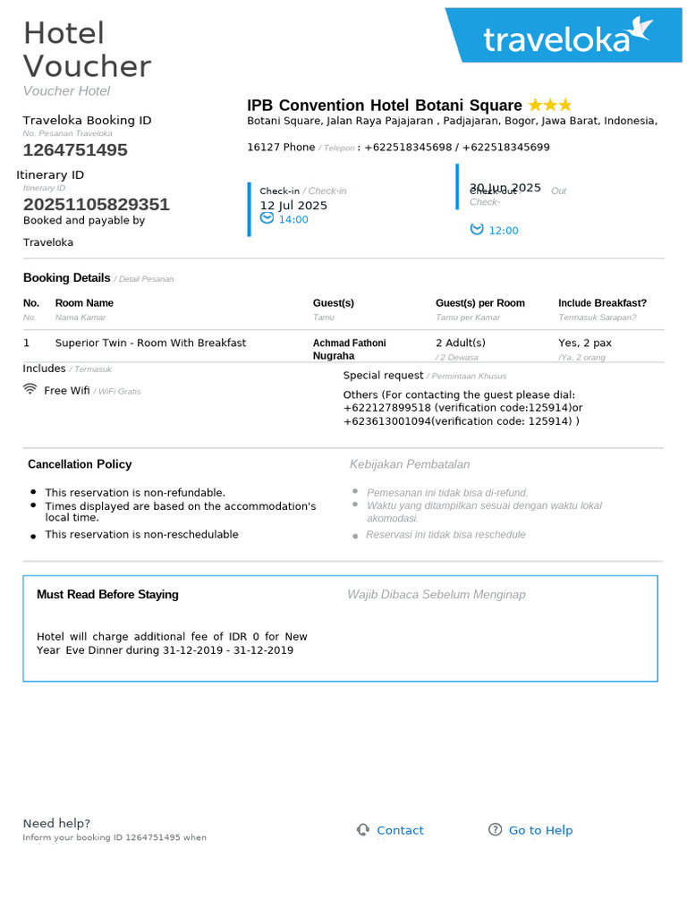 IPB Convention Hotel Booking Details | PDF