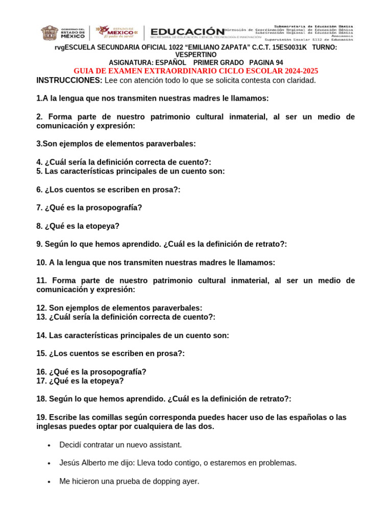 Guía de Examen Extraordinario Español | PDF