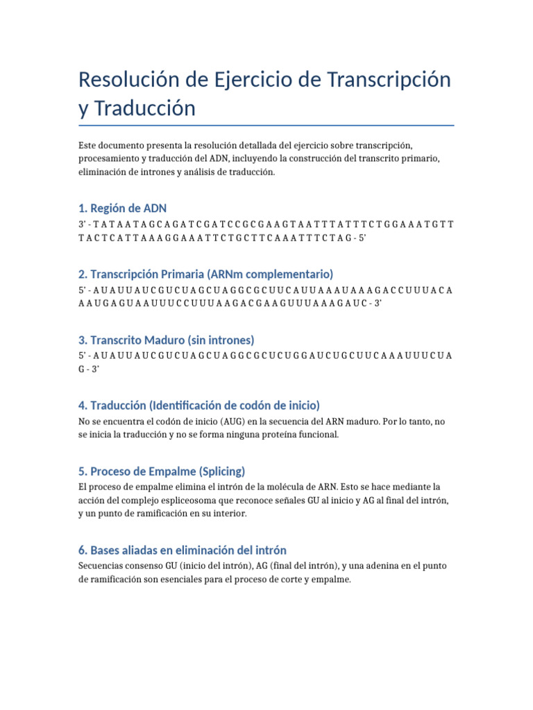 Resolucion Ejercicio Transcripcion ARN | PDF