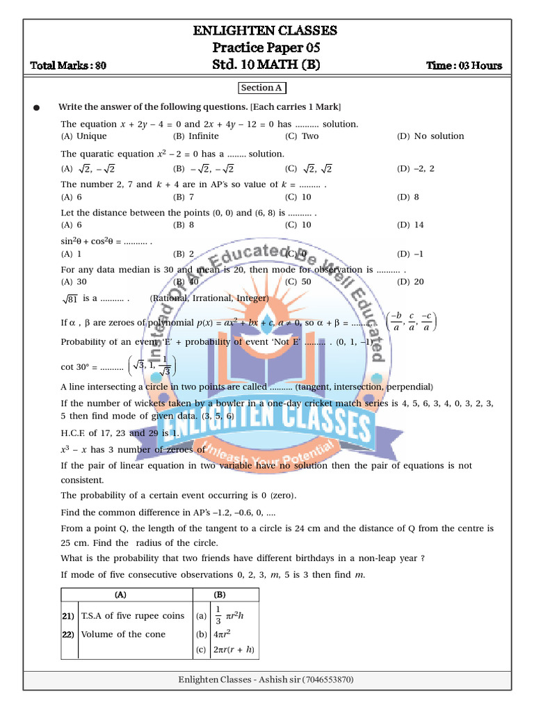 Std.10MATH (B) - D17 May 2025 | PDF | Circle | Quadratic Equation