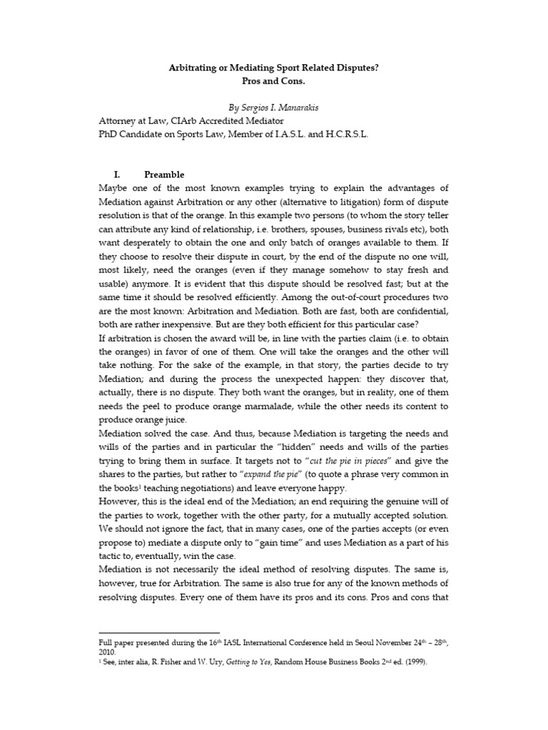 Arbitrating or Mediating Sport Related Disputes Pros and Cons | PDF ...