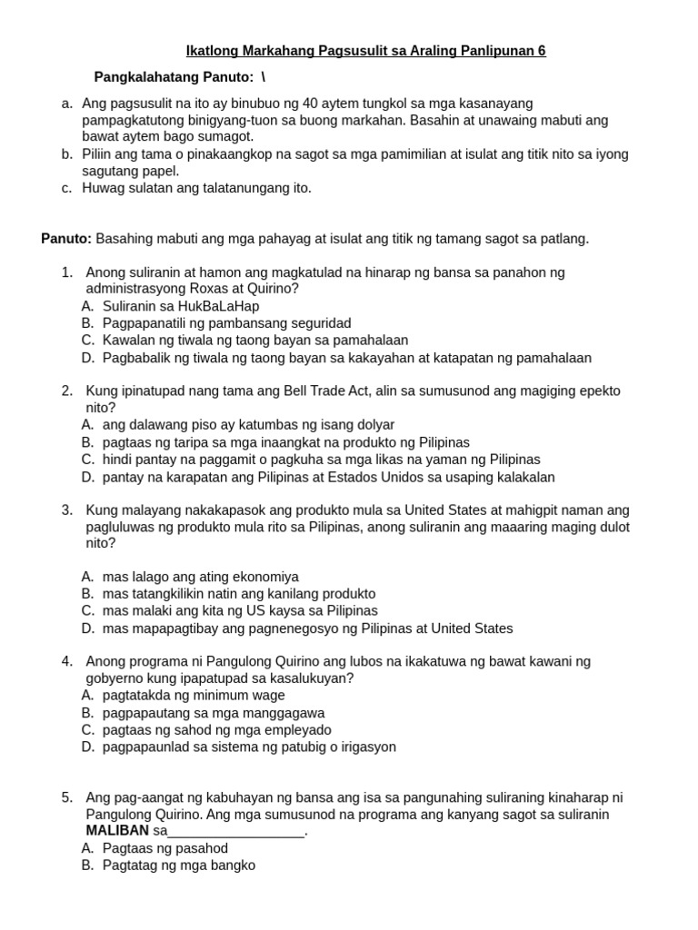 3rd Grading Pagsusulit Sa Araling Panlipunan 6 | PDF