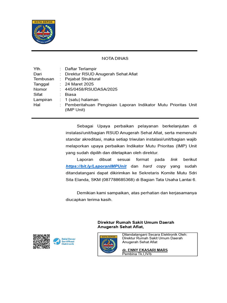 Surat Pemberitahuan Pengisian Laporan IMP Unit - (Signed) | PDF