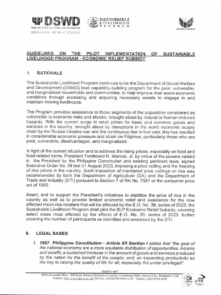 Guidelines On The Pilot Implementation of Sustainable Livelihood ...