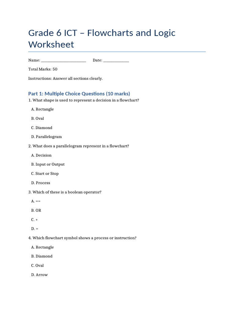 Grade 6 ICT Flowcharts Worksheet | PDF | Boolean Data Type | Computer ...