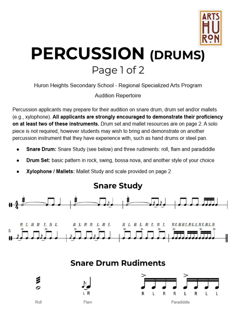 Huron Heights Percussion Audition Guide | PDF