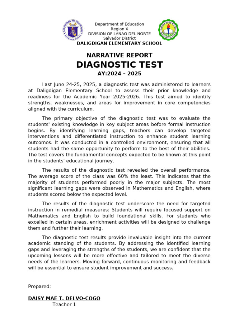 Diagnostic Test Results for 2025-2026 | PDF