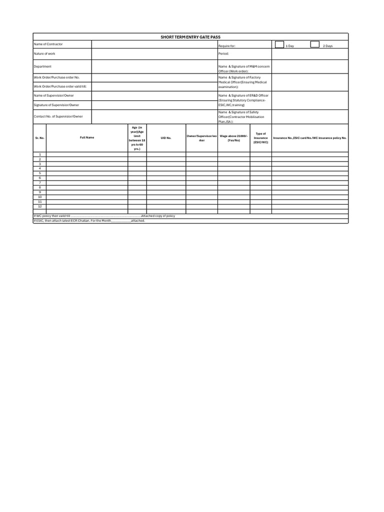 Gate Pass Format One Day-Two Day | PDF