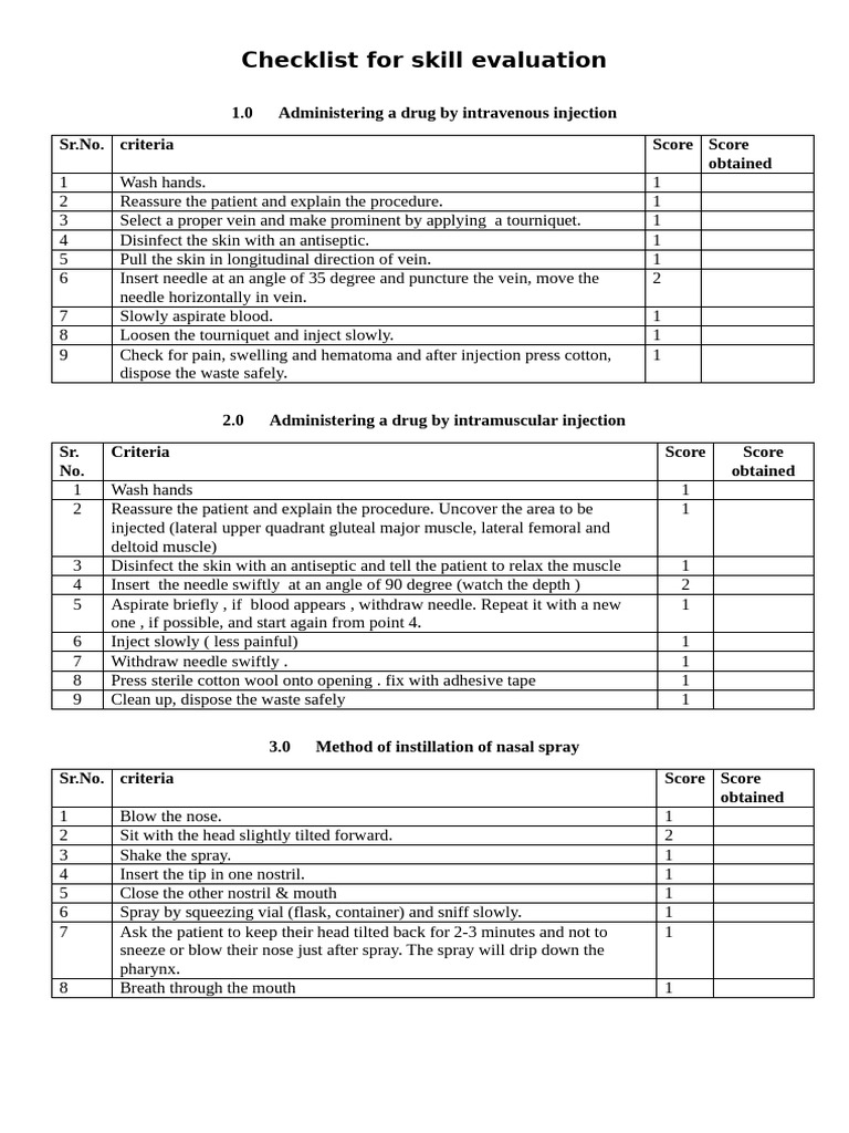 Checklist For Skill Evaluation - 0 | PDF | Injection (Medicine ...