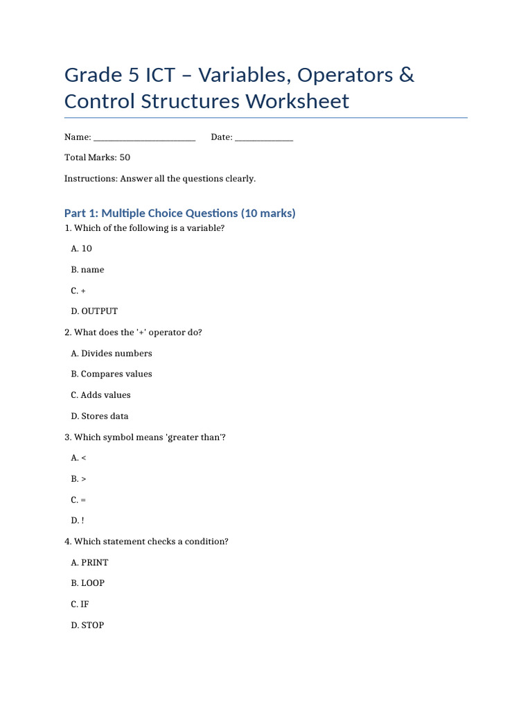 Grade 5 Control Structures Worksheet | PDF | Control Flow | Computer ...