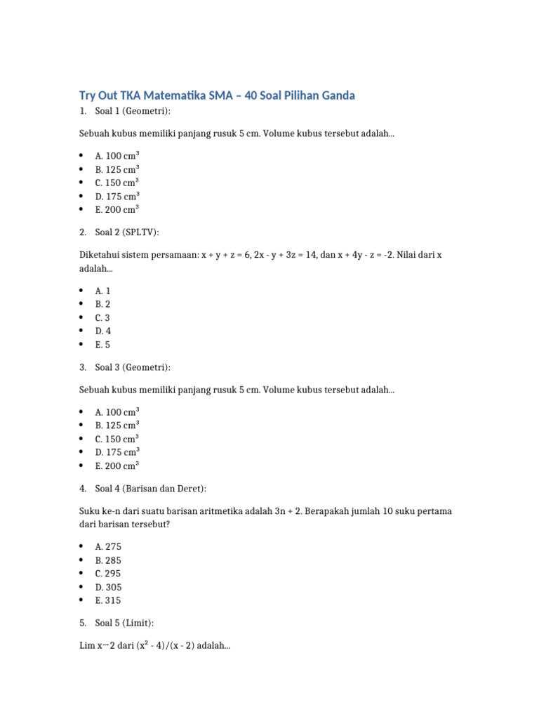 Try Out TKA Matematika 40 Soal | PDF