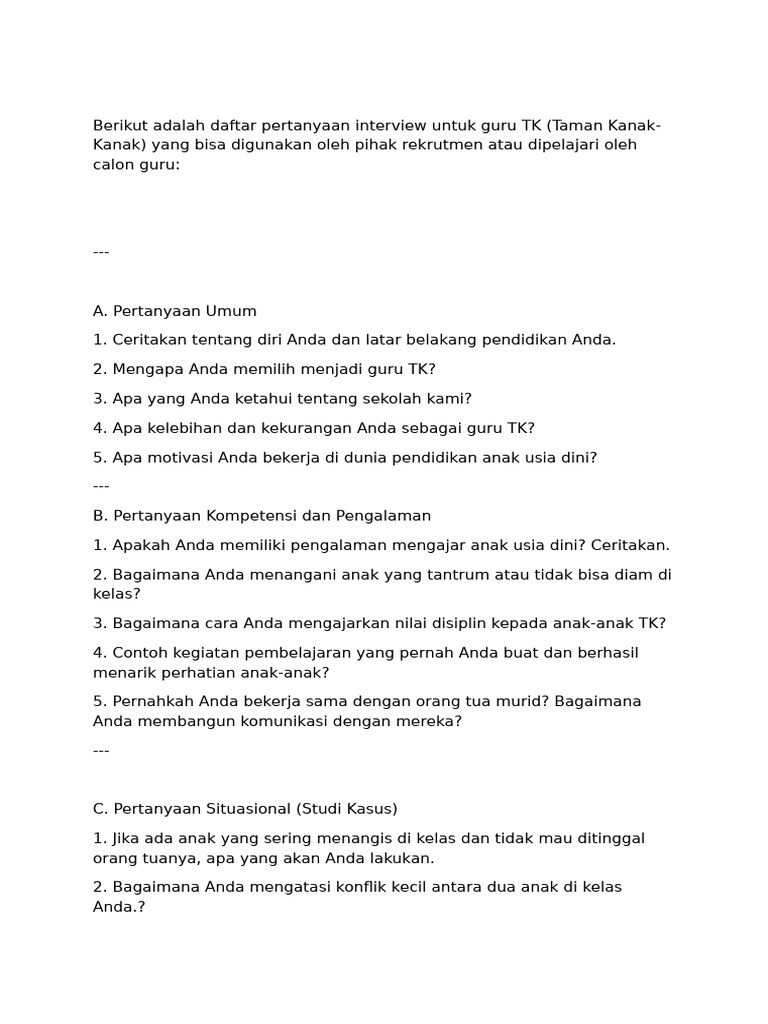 Pertanyaan Wawancara Guru TK | PDF