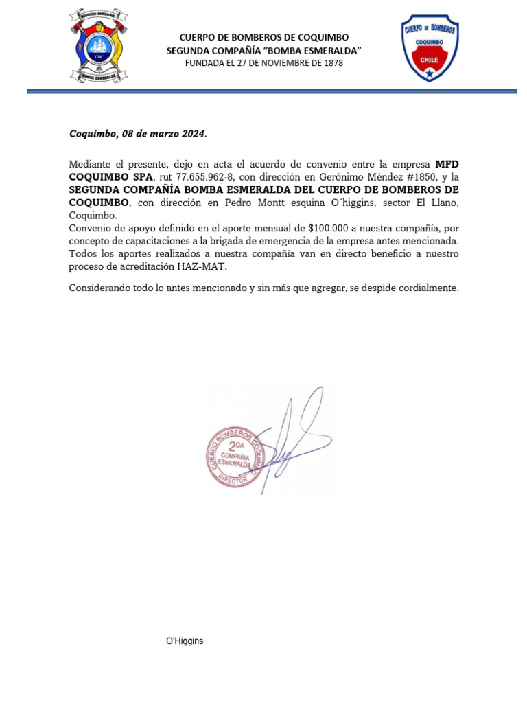 Acta de Convenio Empresa MFD y Segunda Compañia 20 - 240312 - 090715 | PDF