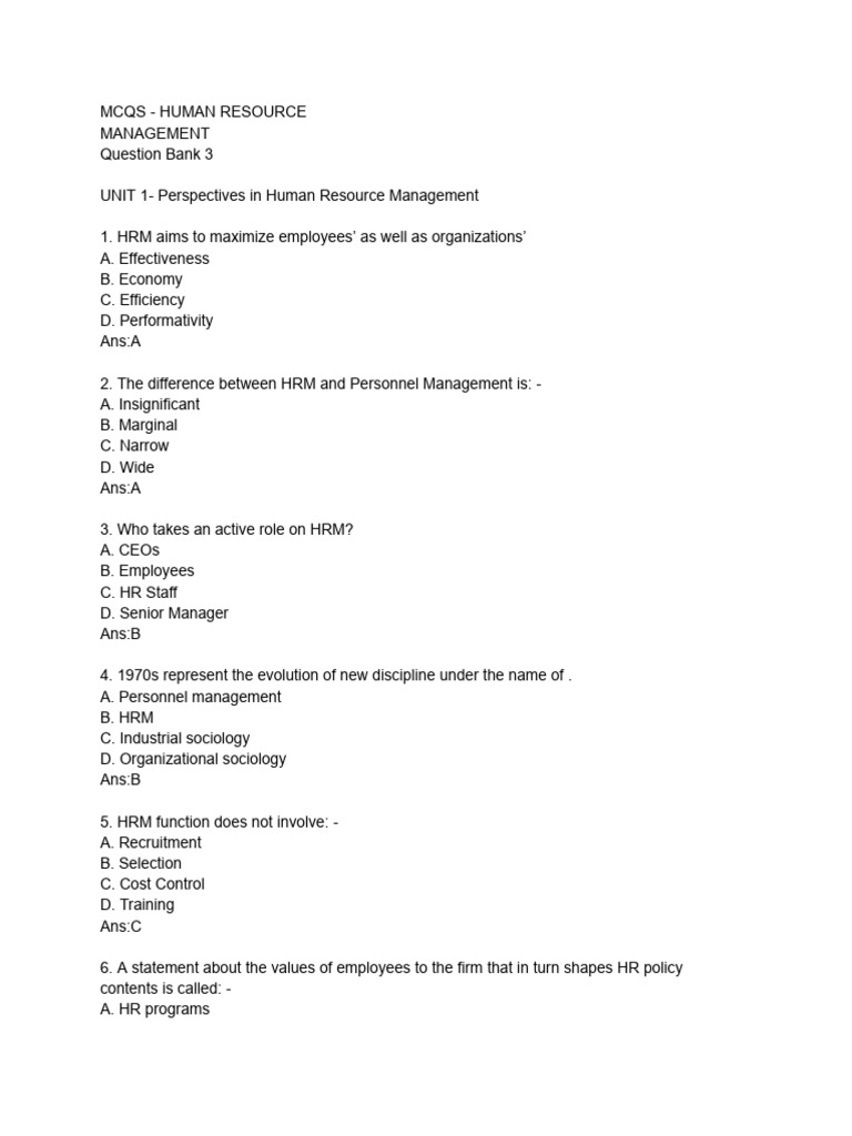 HRM MCQs Question Bank | PDF | Performance Appraisal | Human Resource ...