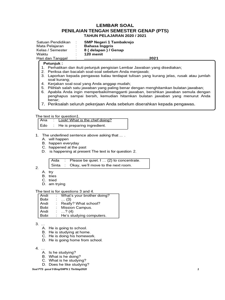 Soal PTS B Ing 8 Genap 2020-2021 | PDF