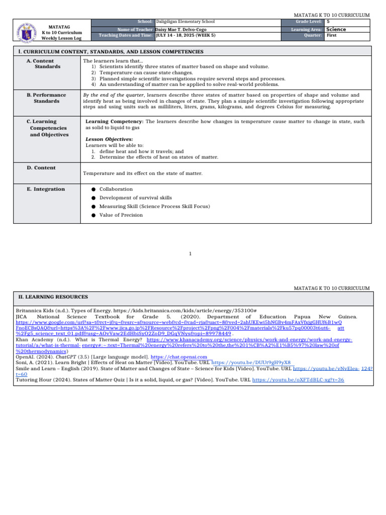 DLL Matatag - Science 5 q1 w5 | PDF | Evaporation | Liquids