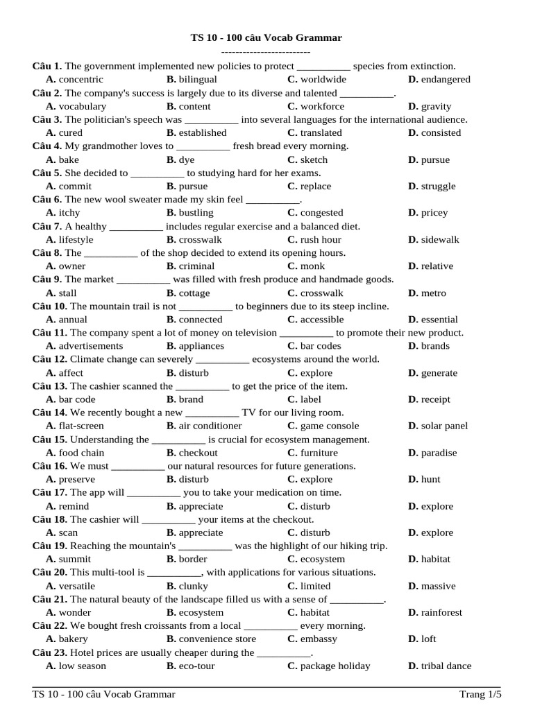 06 - 100 Cau Vocab Grammar | PDF