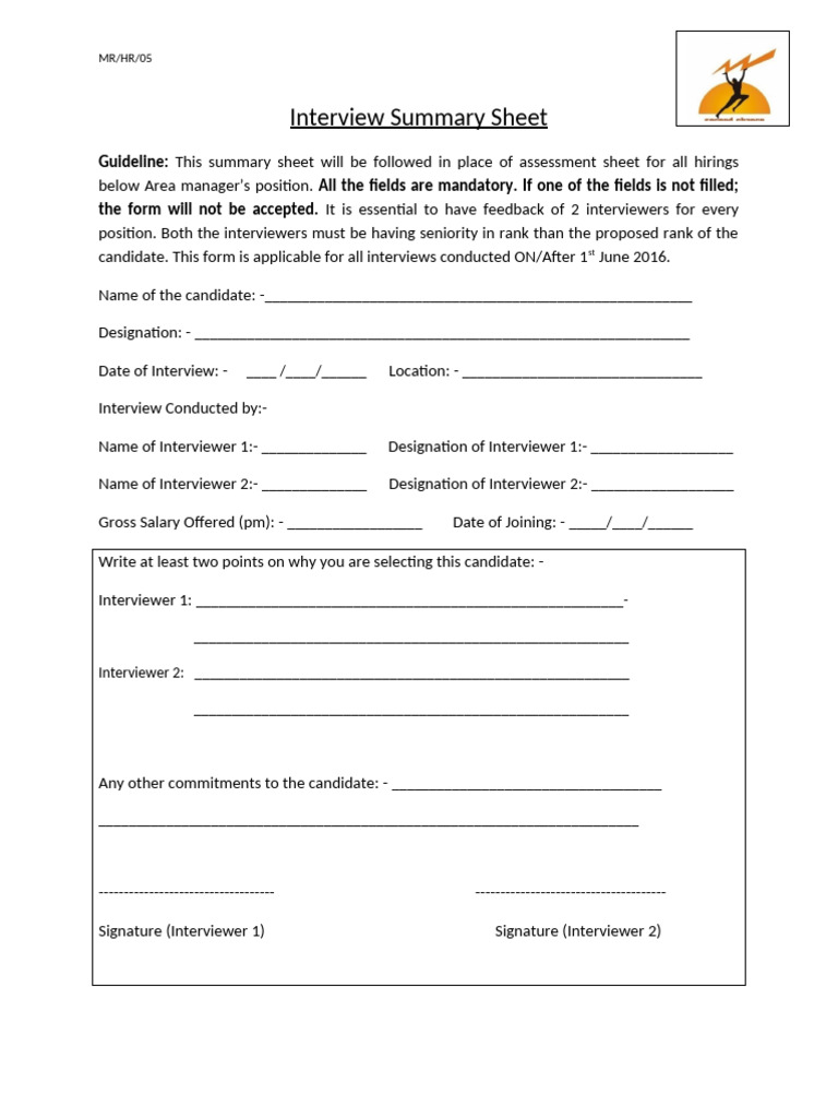 Interview Summary Sheet Template | PDF