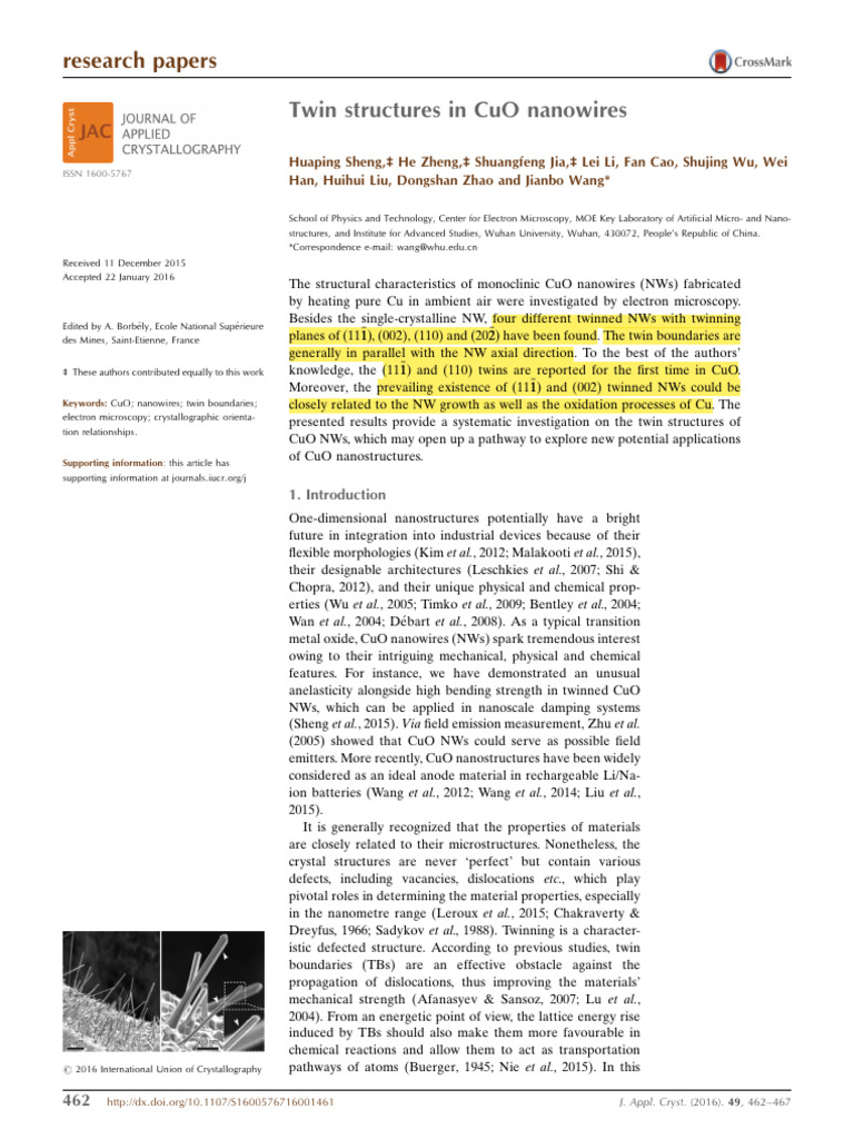Twin Structures in CuO Nanowires - Sheng2016 | PDF | Microscope ...