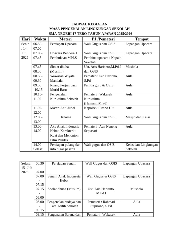 Jadwal Kegiatan Mpls | PDF