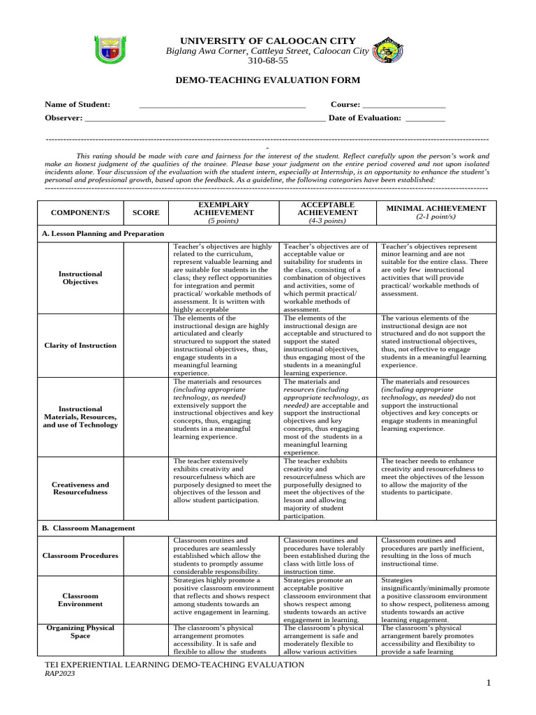 Demo-Teaching Evaluation Form Guide | PDF | Teachers | Learning