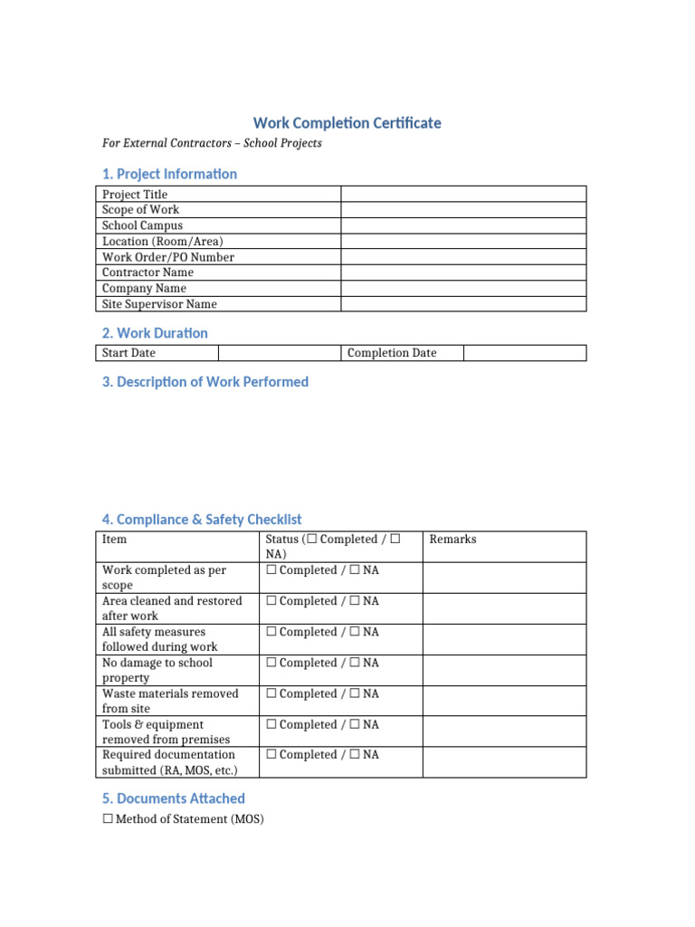 Professional Work Completion Form | PDF