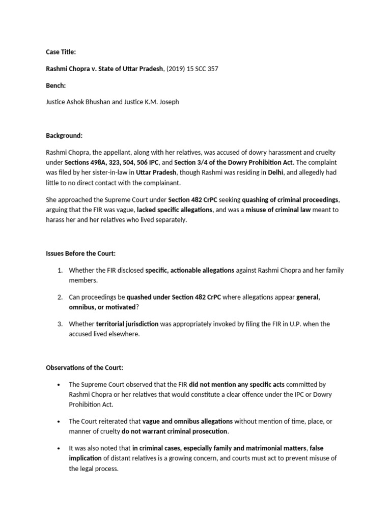 Rashmi Chopra v. State of Uttar Pradesh, IPC | PDF | Legal Procedure | Political Law