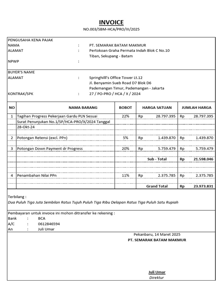 Invoice Proyek Gardu PLN 2025 | PDF
