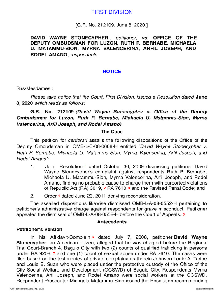 Stonecypher v. Ombudsman Case Summary | PDF | Complaint | Prosecutor