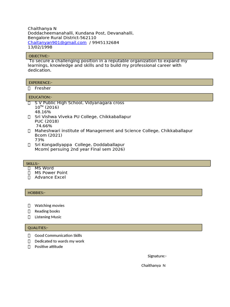 Chaithanya N (RESUME) | PDF