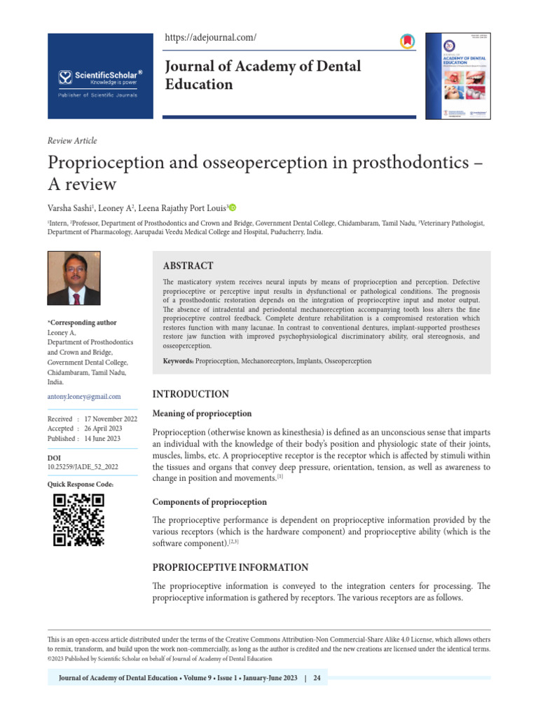 Proprioception in Prosthodontics Review | PDF | Nervous System ...