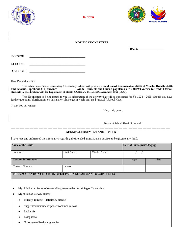 Parent Consent for School Vaccination | PDF | Vaccines | Immunology