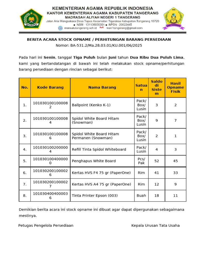 Berita Acara Stock Opname Persediaan | PDF