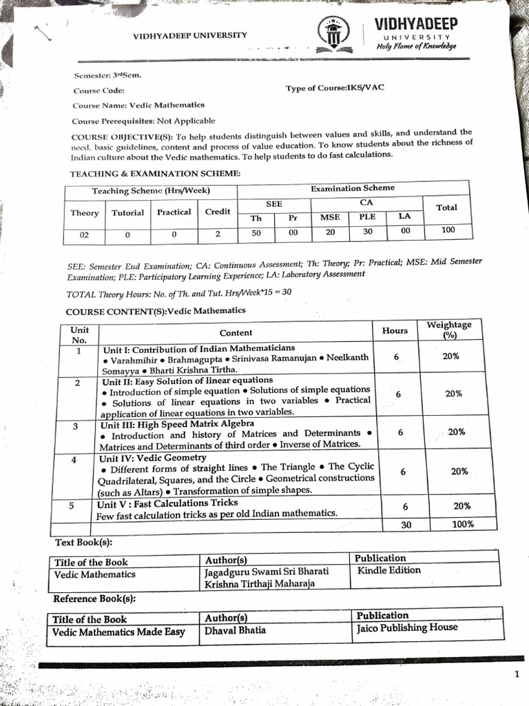 07 Vedic Mathematics Syllabus | PDF | Mathematics | Equations